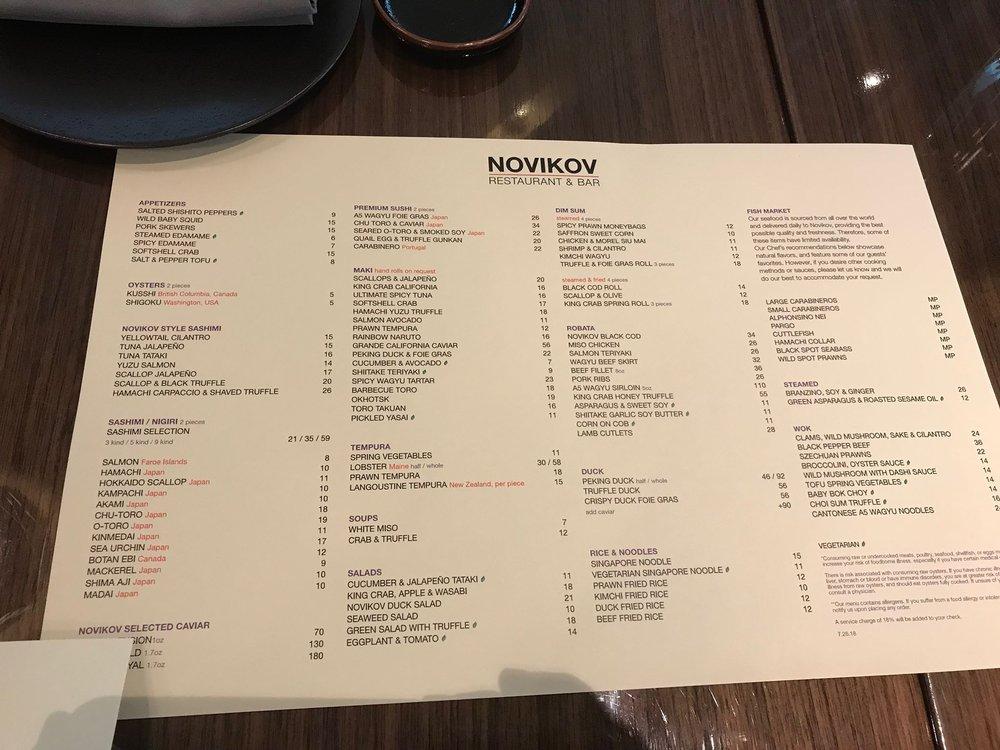 Menu at Novikov Miami restaurant, Miami