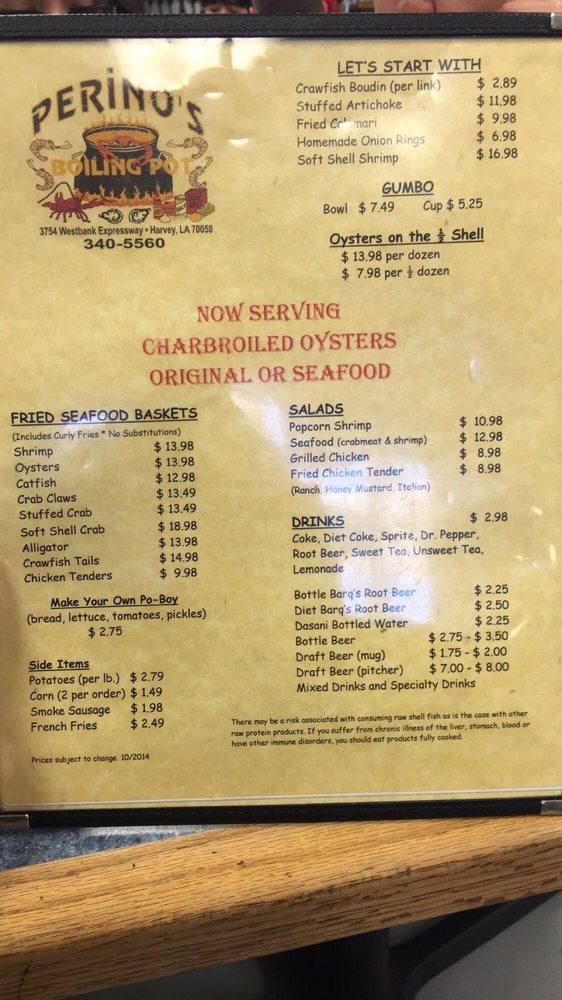 Menu at Perino's Boiling Pot restaurant, Harvey