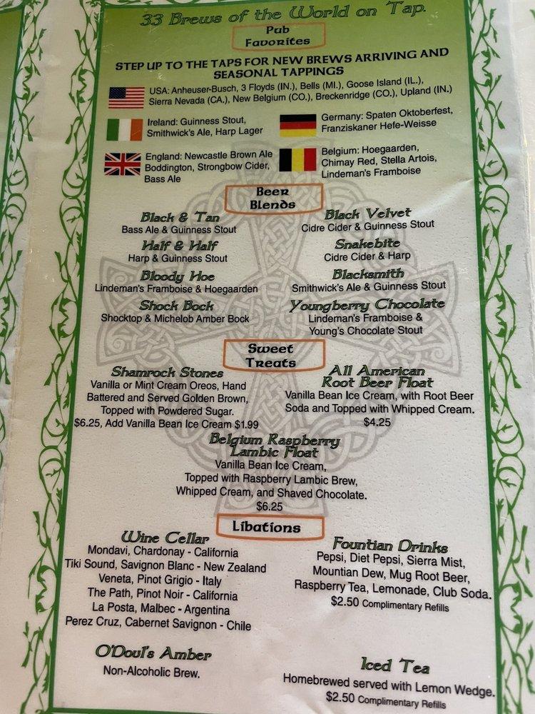 Menu at Sonka Irish Pub, Terre Haute