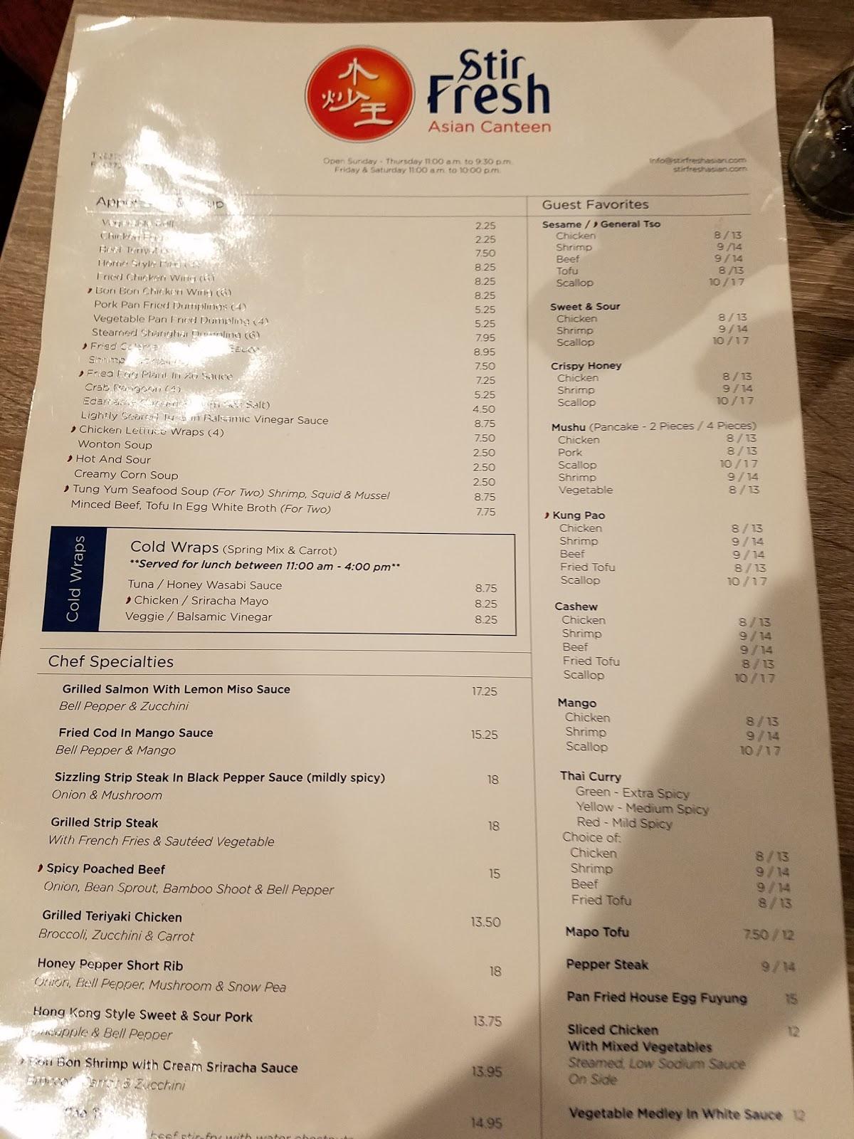 Menu at Stir Fresh Asian Canteen restaurant, Marysville