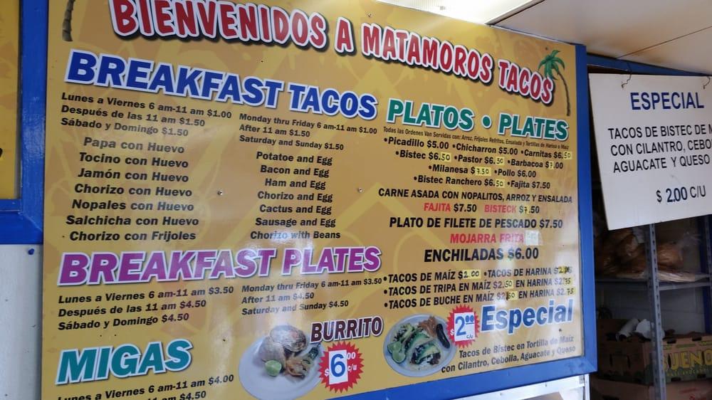 Menu at Tacos Matamoros restaurant, Austin