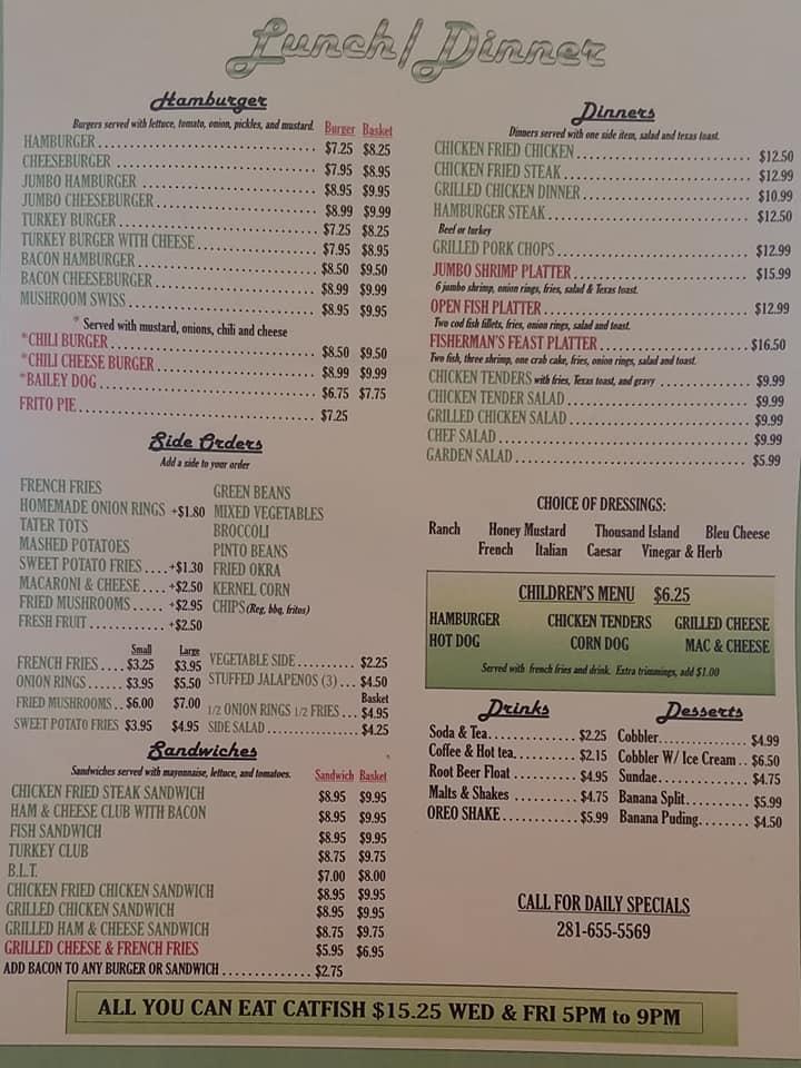 Menu at Bailey's Restaurant, Houston