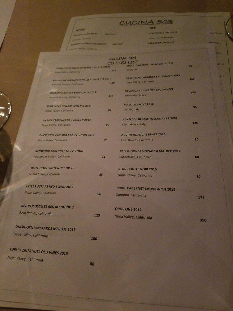 Menu at Cucina 503 restaurant, Augusta