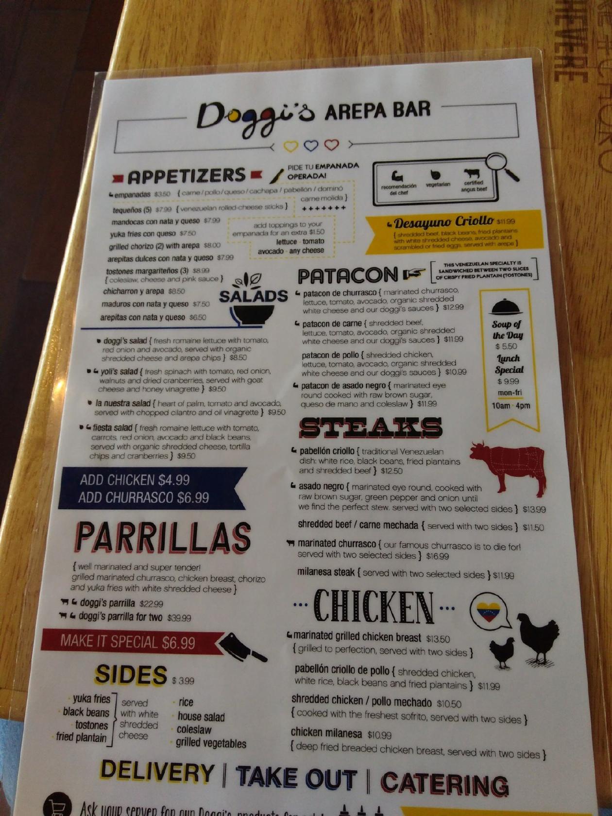 Menu at Doggi's Arepa Bar, Miami, Biscayne Blvd
