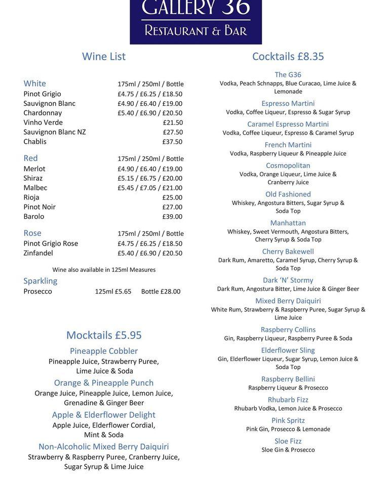 Menu at Gallery 36 pub & bar, Great Malvern, 36 Bellevue Terrace