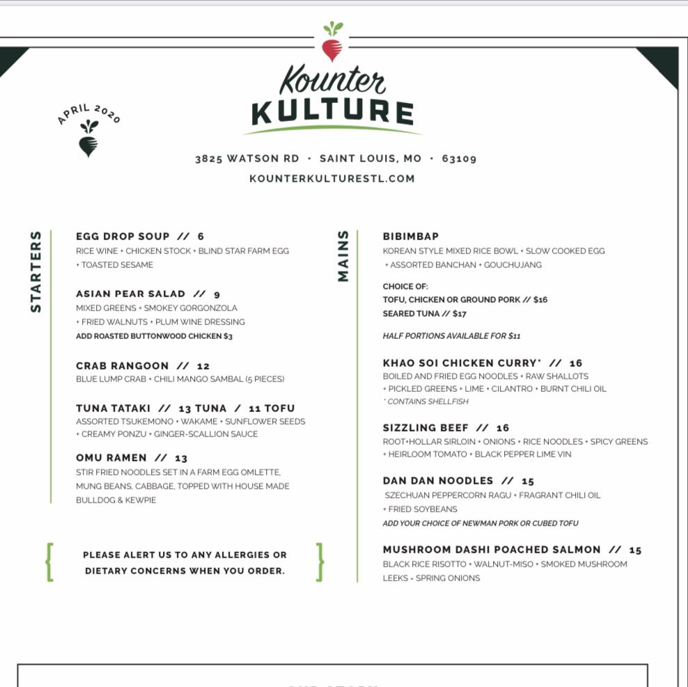 Menu at Kounter Kulture restaurant, St. Louis