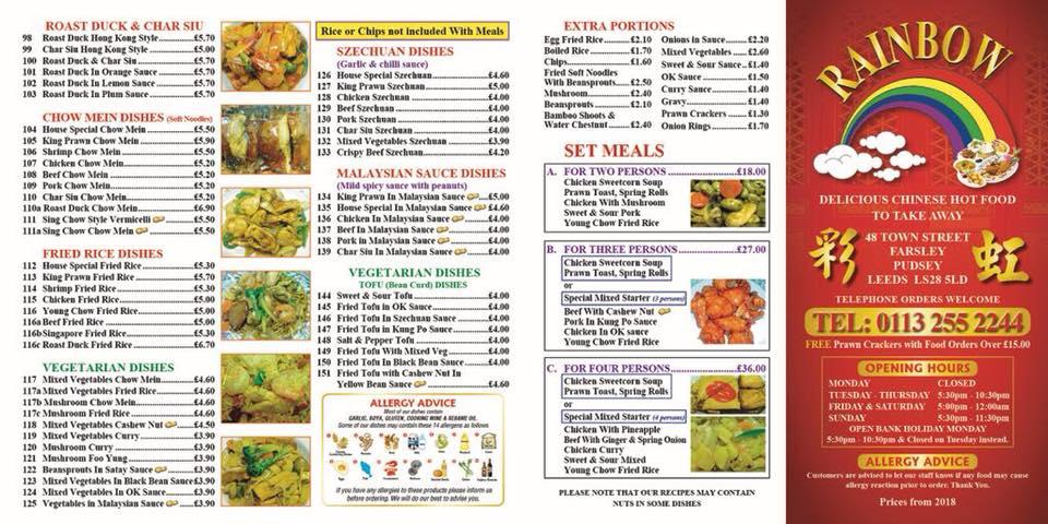 Menu at Rainbow fast food, Pudsey, 48 Town St