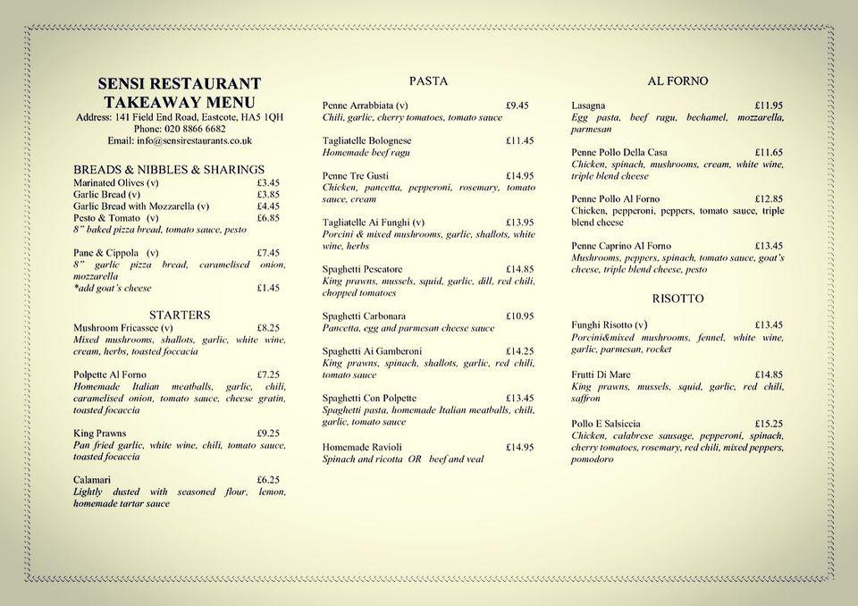 Menu at SENSI Italian Restaurant, Pinner