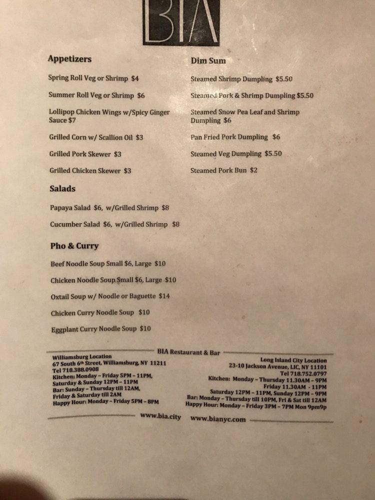 Menu at Bia pub & bar, New York City, 67 S 6th St