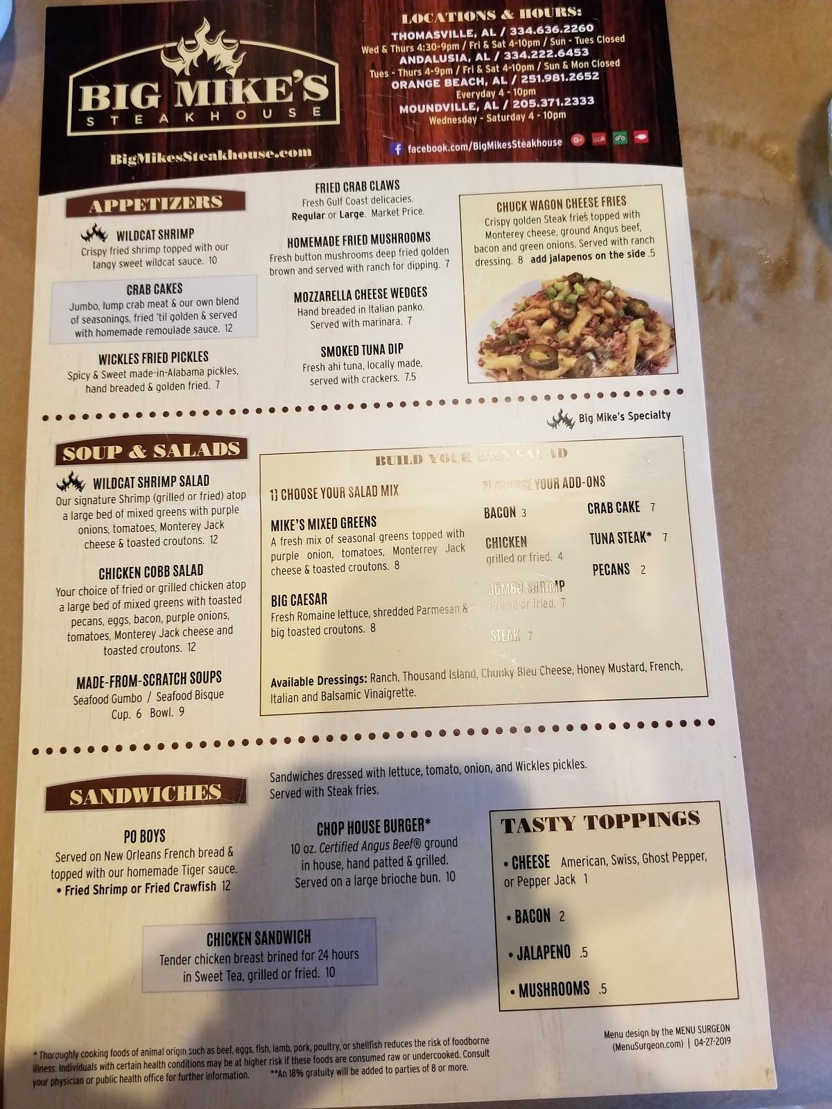 Menu at Big Mike's Steakhouse - Moundville, Moundville