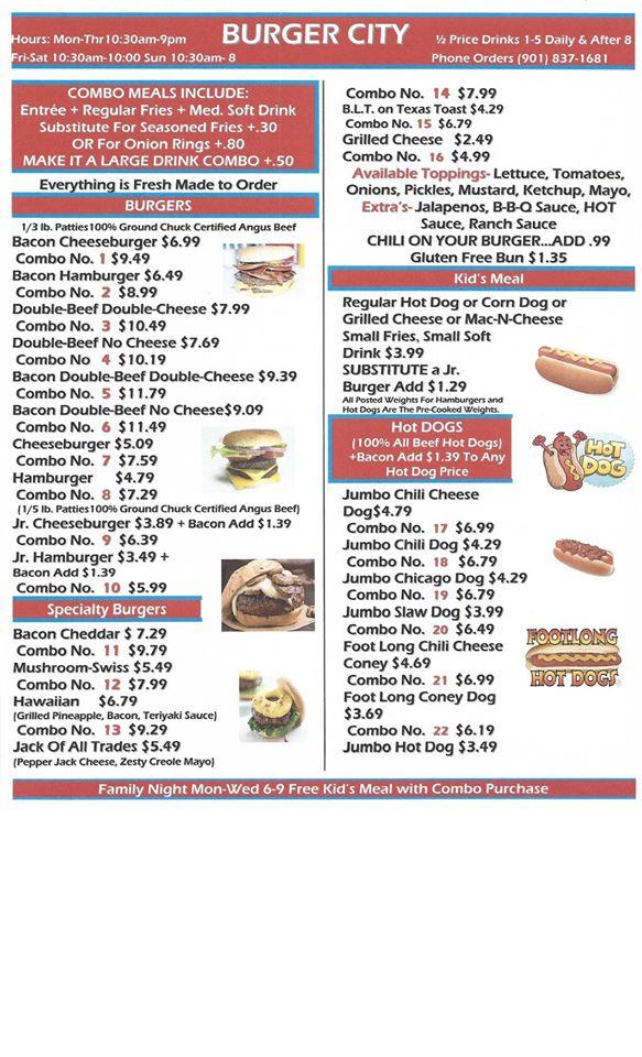 Menu at Burger City Drive In restaurant, Munford