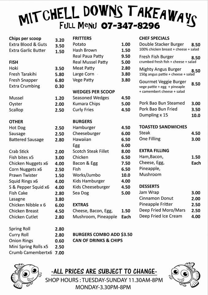 Menu at Mitchell Downs Takeaways & Dairy restaurant, Rotorua