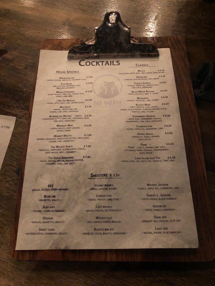 Menu at The Walrus Bar & Hostel, London