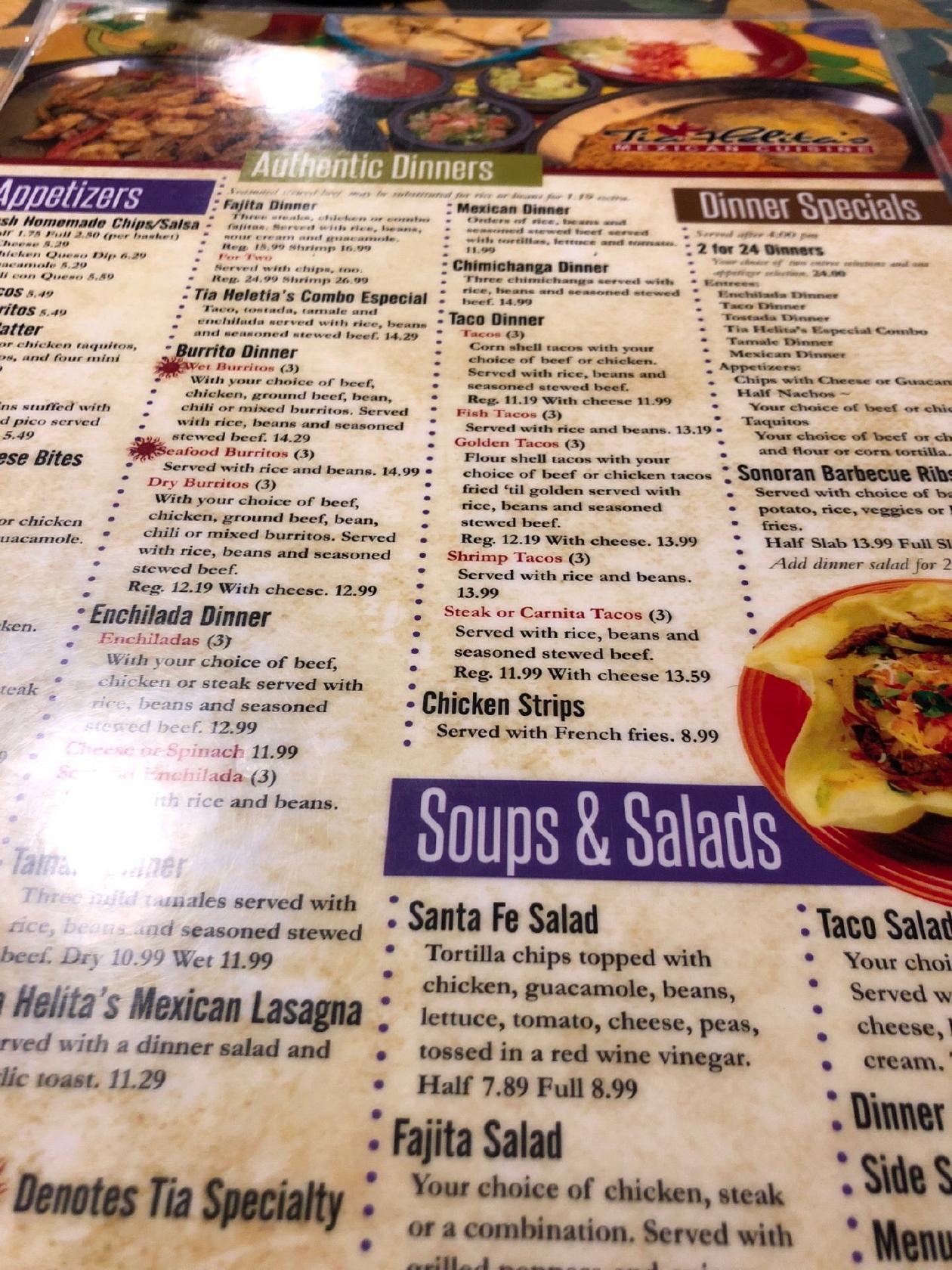 Menu at Tia Helita's Mexican Cuisine restaurant, Burton