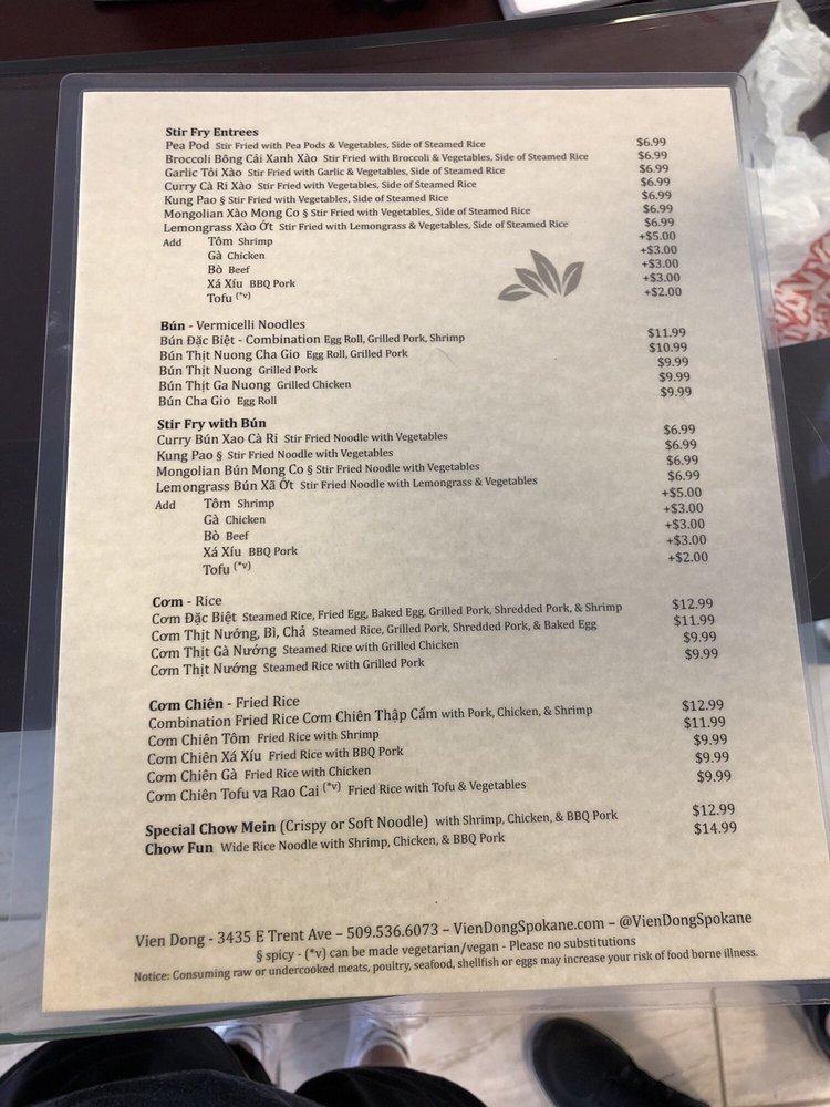 Menu at Vien Dong Restaurant, Spokane, E Trent Ave