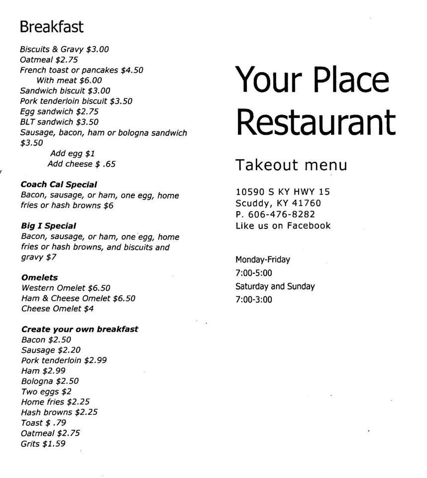 Menu at Your Place Restaurant, Scuddy, KY-15