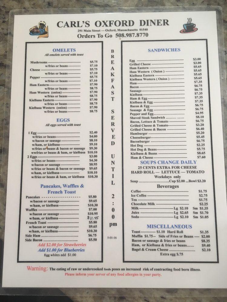Menu at Carl's Oxford Diner restaurant, Oxford
