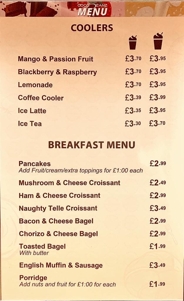 Menu at Coco Beanz cafe, Morden