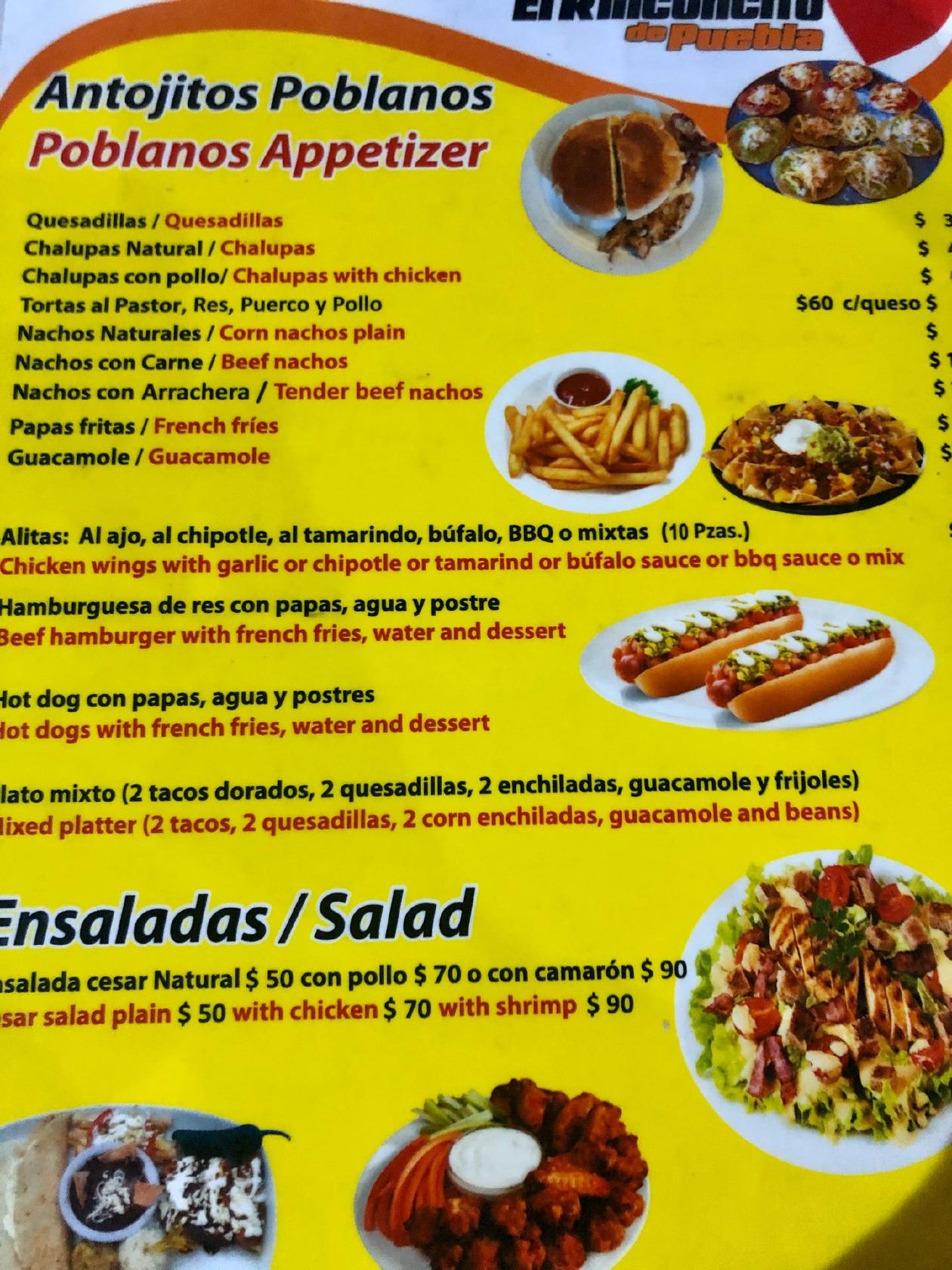 Menu at El Rinconcito De Puebla restaurant, Cancún, Tulipanes 32