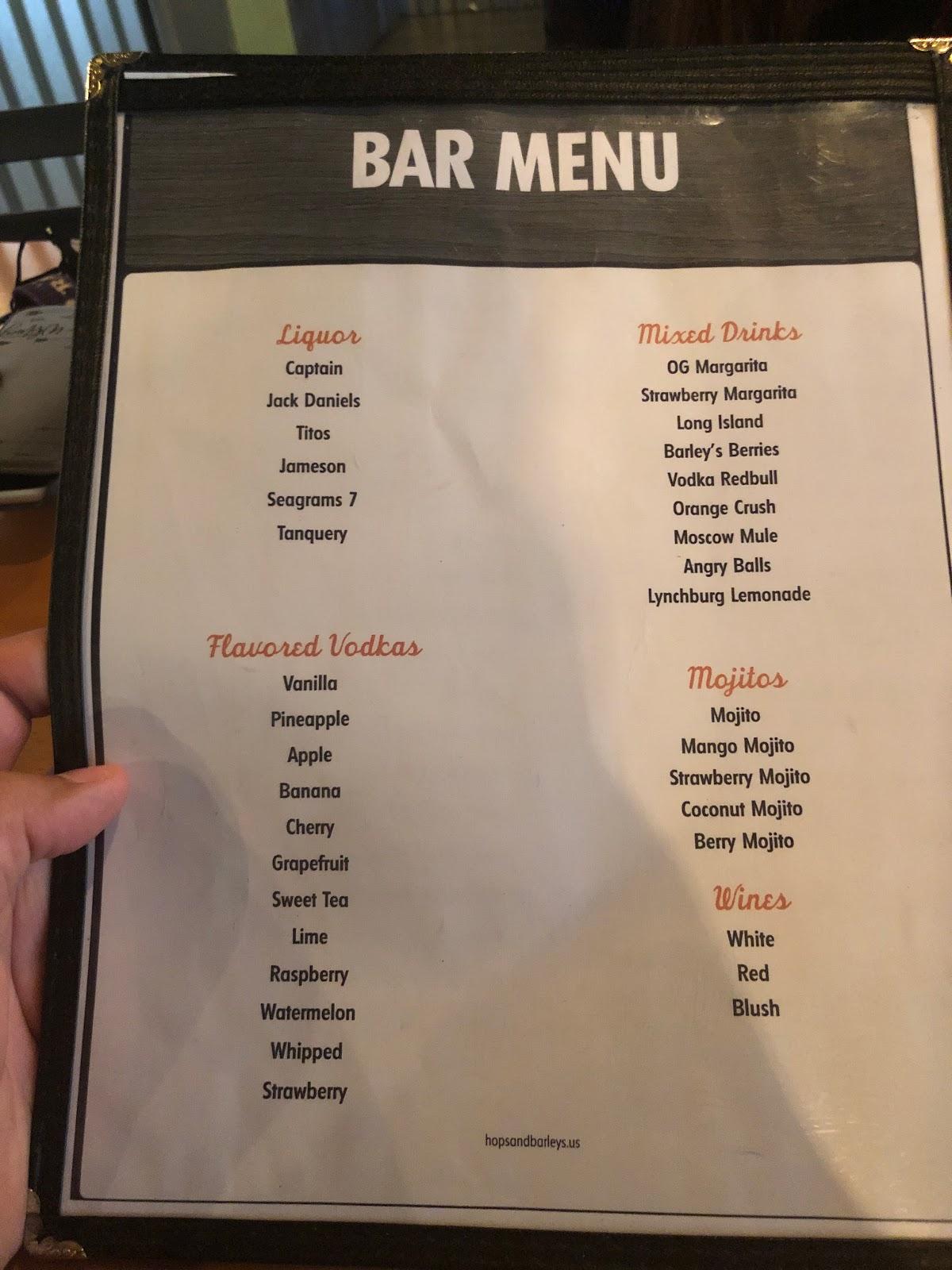 Menu at Hops & Barley's, Mechanicsburg