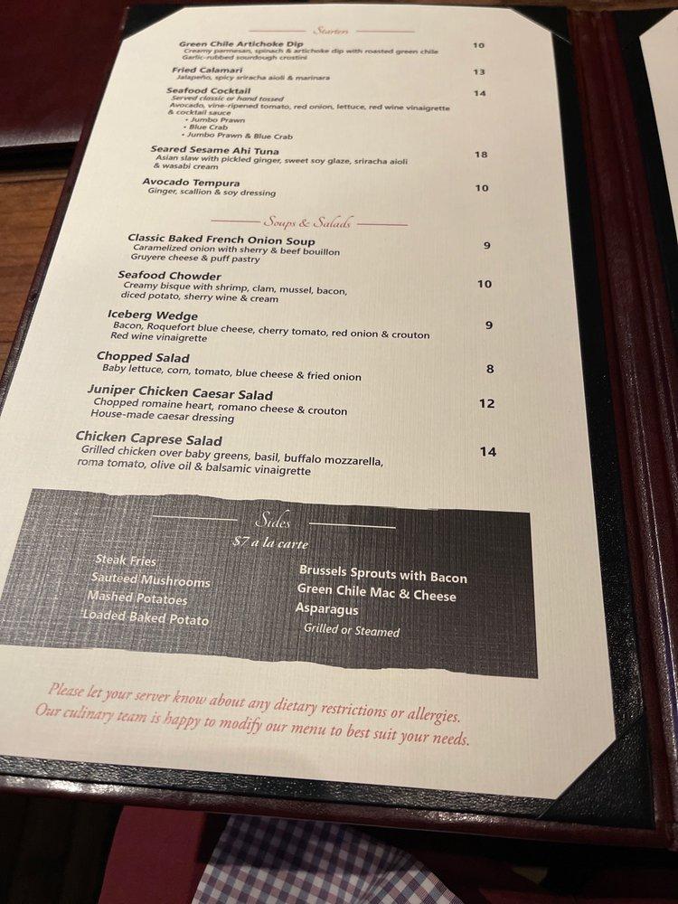 Menu at Juniper Steakhouse, Bernalillo
