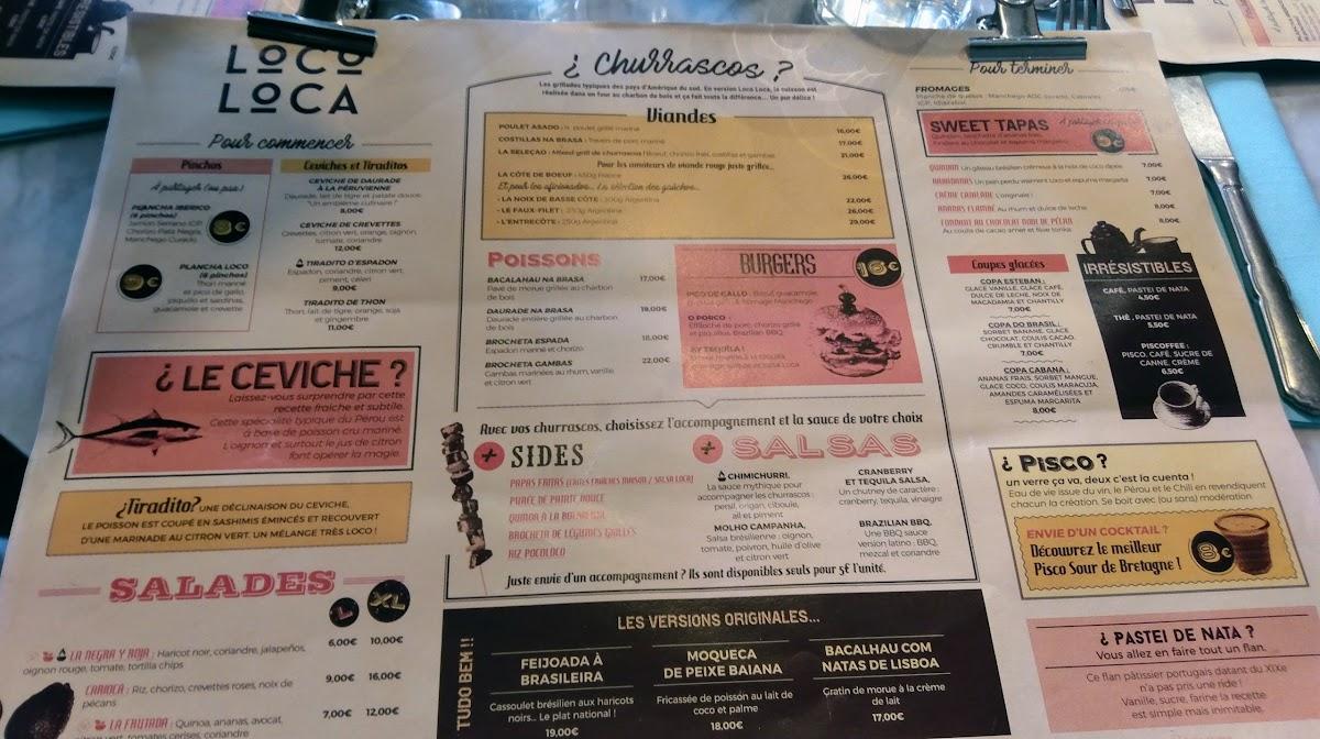 Menu au Loco Loca Rennes pub et bar, Rennes