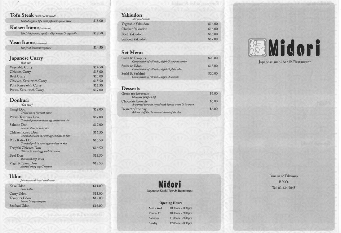Menu at Midori Japanese Restaurant And Bar, Oamaru