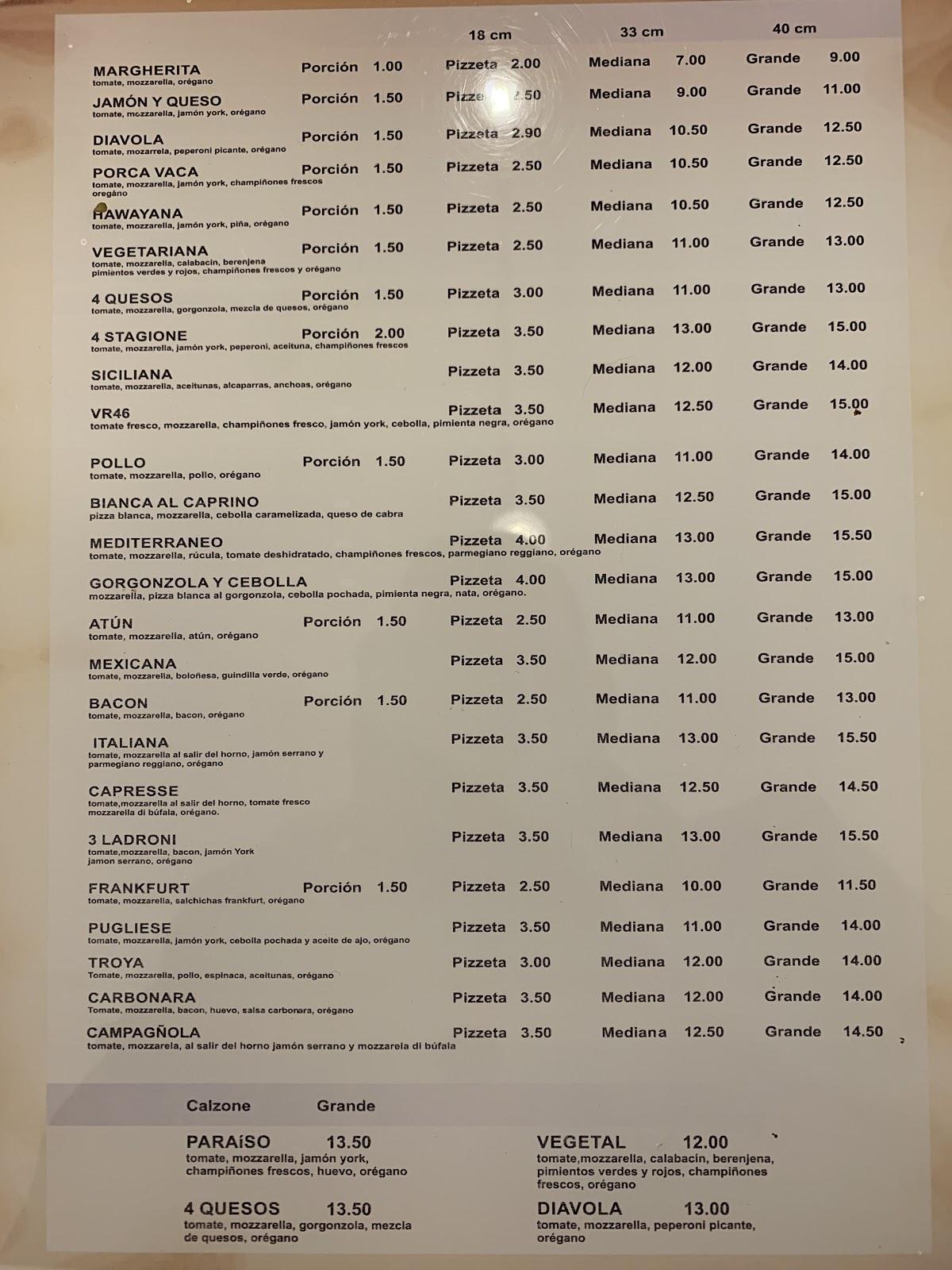 Menu at Pizzería di Troppo, Arteixo