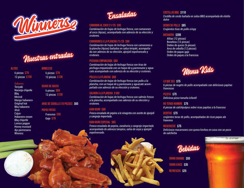 Menu at Winners restaurant, San Juan Cuautlancingo