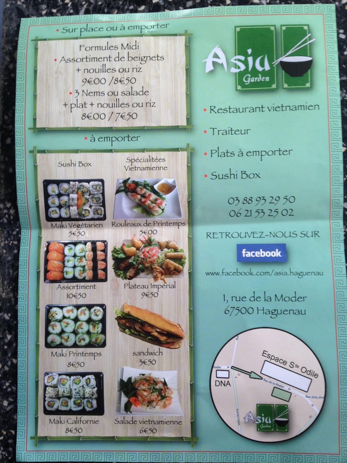 Menu au Asia Garden restaurant, Haguenau