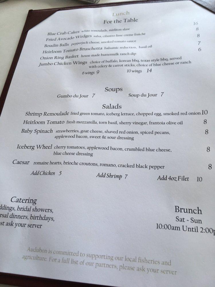 Menu at Audubon Clubhouse by Dickie Brennan & Co., New Orleans, Magazine St