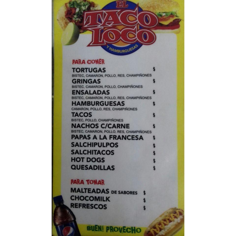 Menu at Taco loco restaurant, Tepatitlán de Morelos