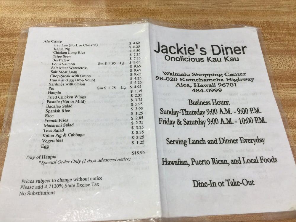 Menu at Jackie's Diner restaurant, Aiea