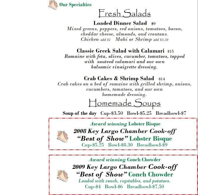 Menu at Key Largo Conch House restaurant, Key Largo