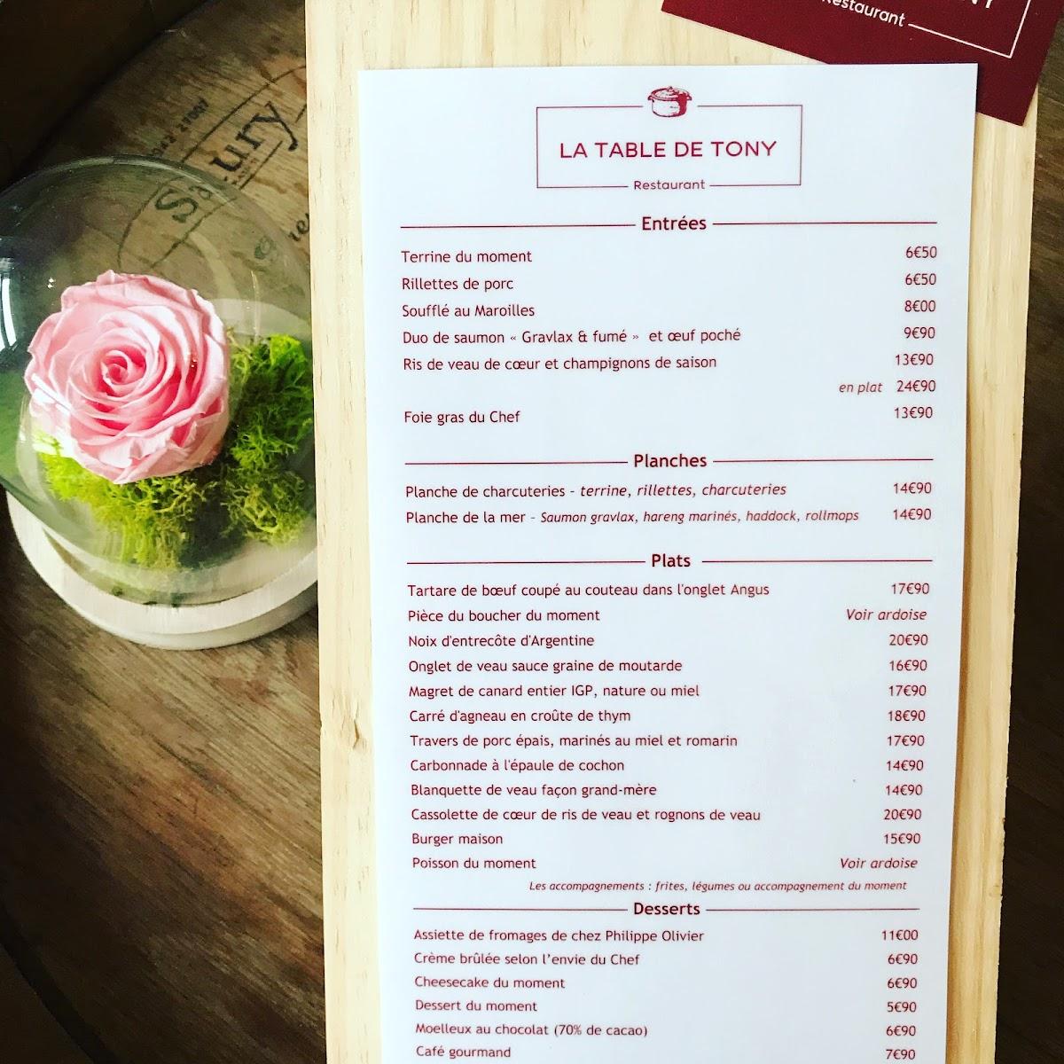 Menu at La Table de Tony restaurant, Lille