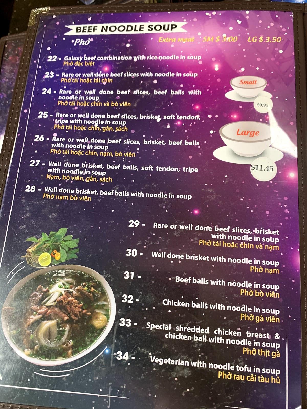 Menu at Pho Galaxy restaurant, Chilliwack