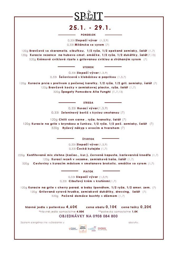 Menu at Split restaurant, Prešov