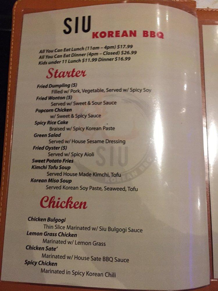Menu at Siu Korean BBQ, Sparks