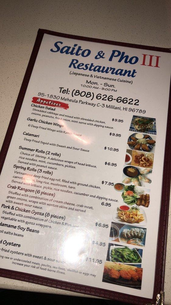 Menu at Saito & Pho III restaurant, Mililani