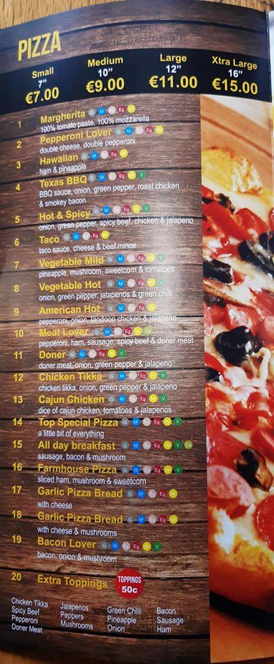 Menu at Top Pizza restaurant, Ballyshannon
