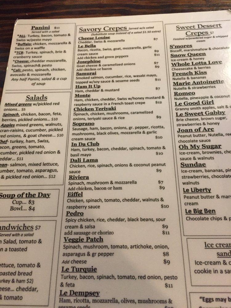 Menu at Betsy's Crepes restaurant, Southern Pines