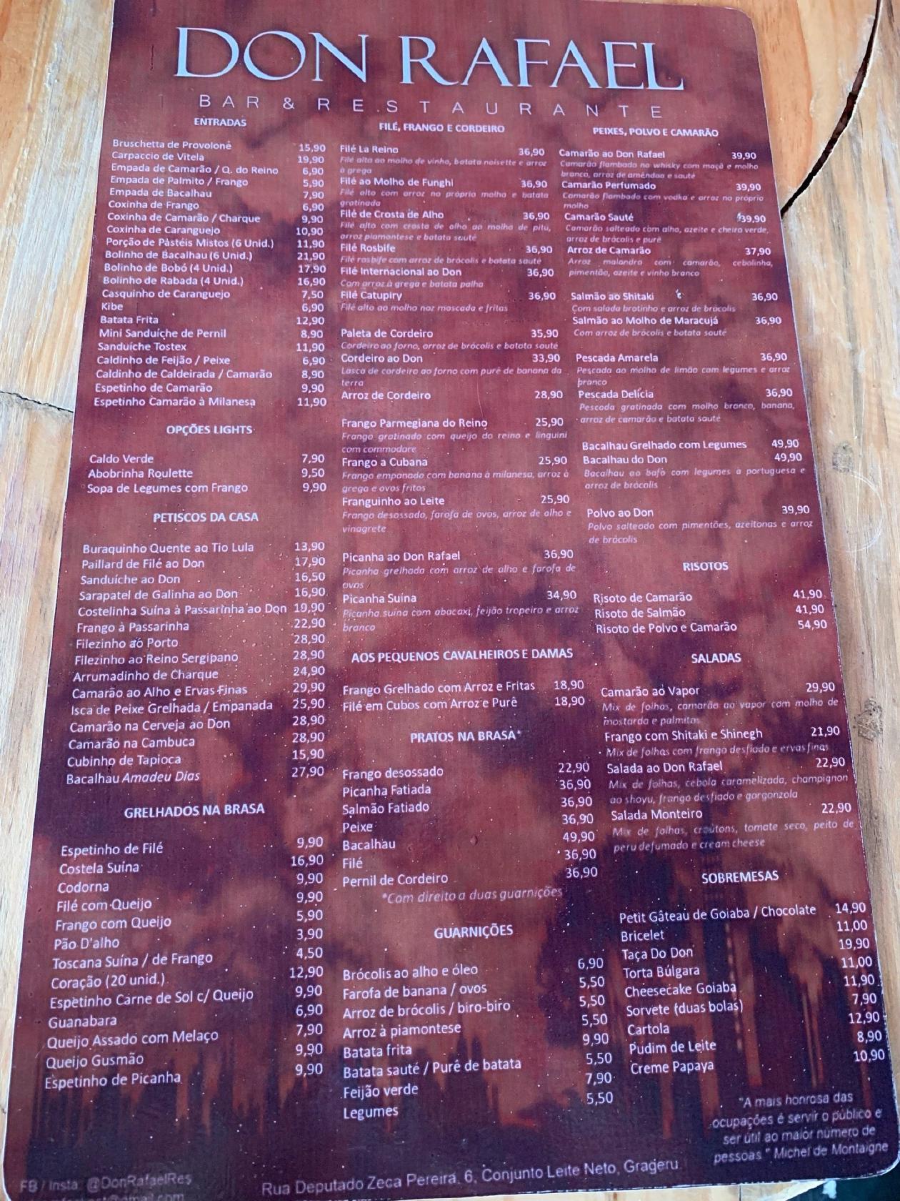 Menu em Don Rafael restaurante, Aracaju