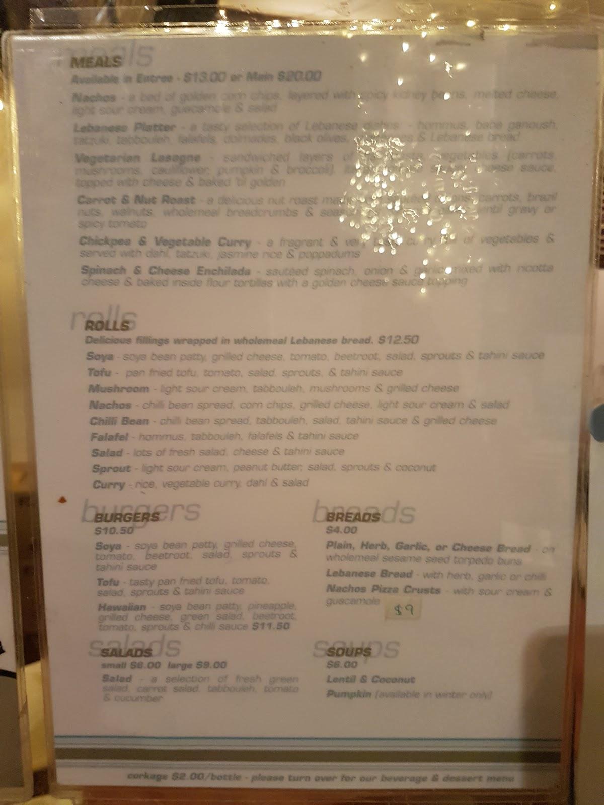 Menu at Emelia’s Vegetarian Restaurant, North Curl Curl