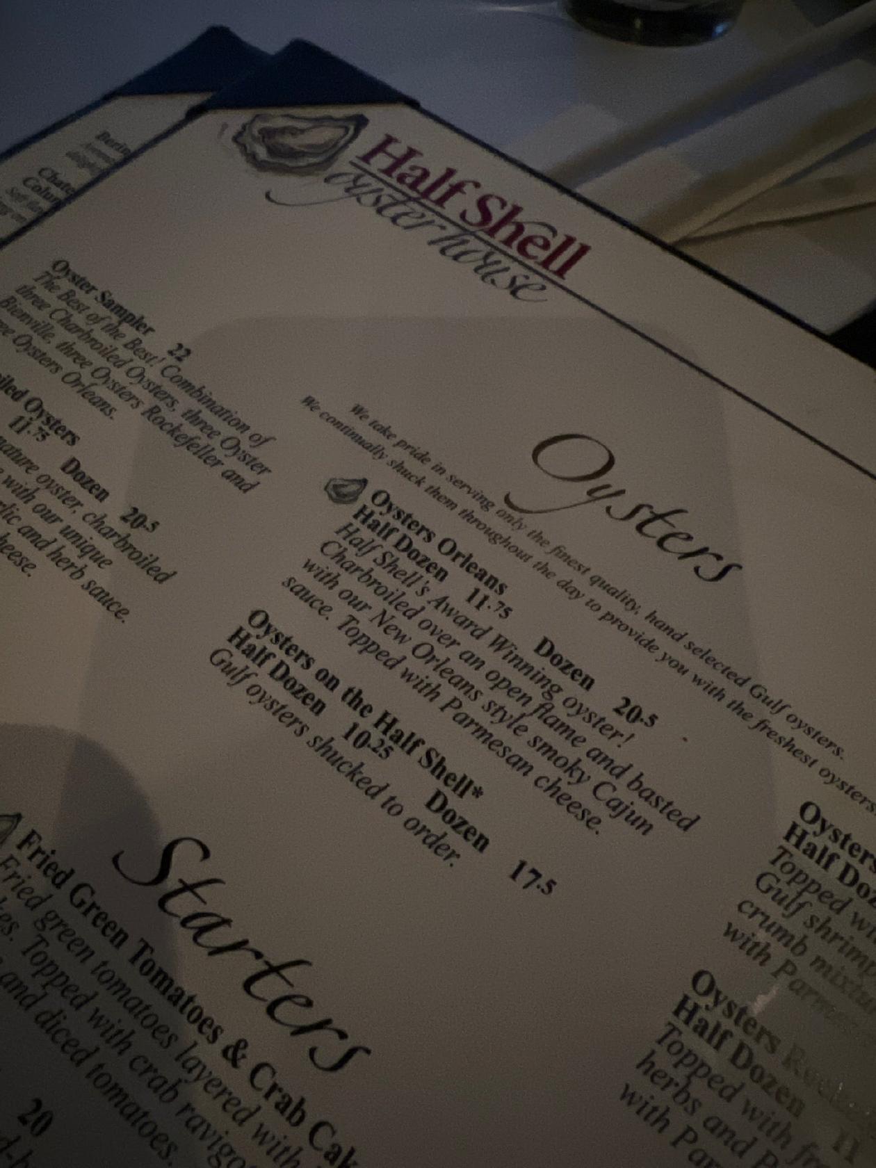 Menu at Half Shell Oyster House restaurant, Biloxi, 125 Lameuse St