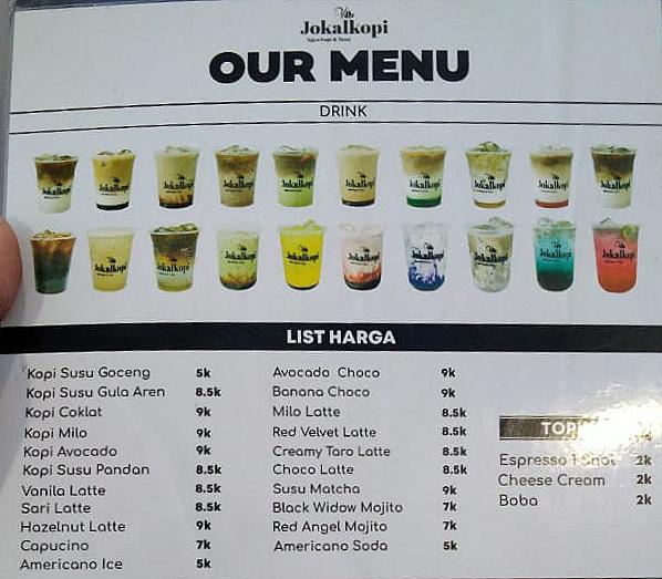 Menu at Jokal kopi & Toast, Gemolong