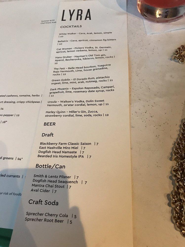 Carta del restaurante Lyra, Nashville