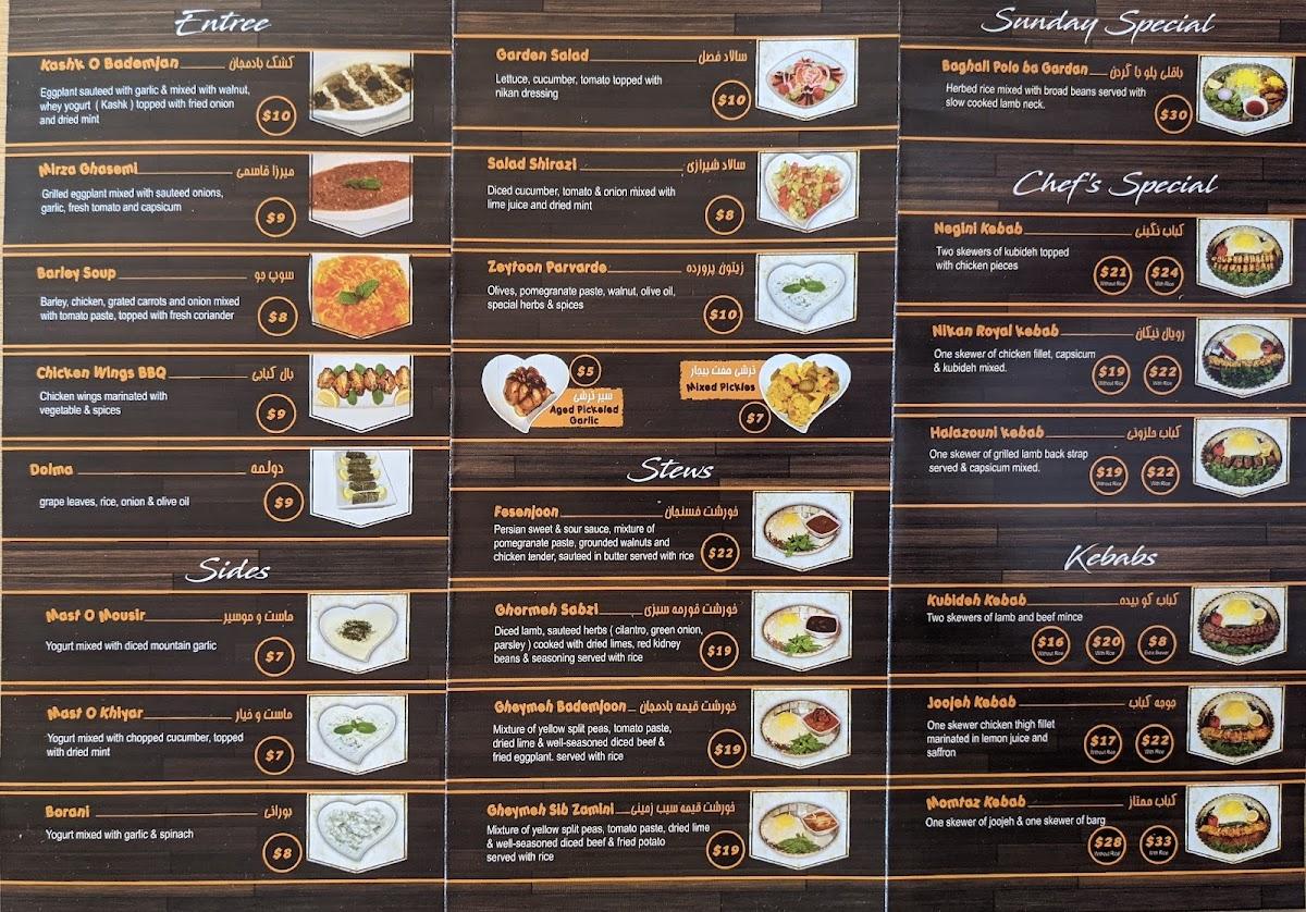 Menu at Nikan Persian Restaurant, Ryde