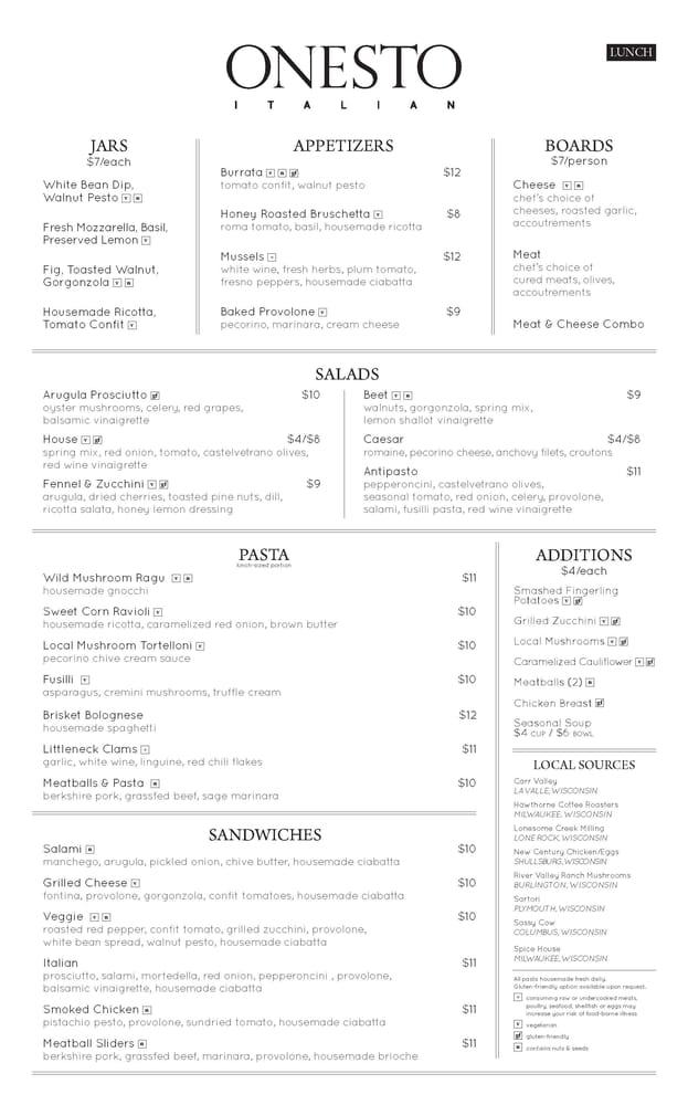 Carta del pub y bar Onesto, Milwaukee