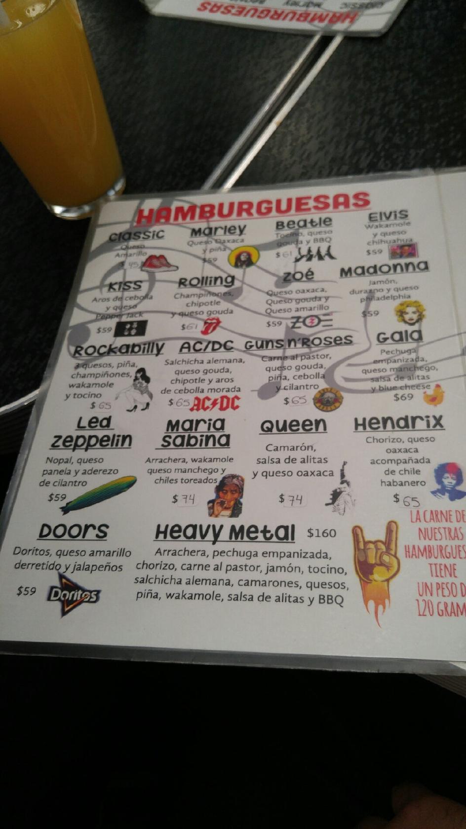 Carta del restaurante Rocking Burgers, Ciudad del México, Chicaras