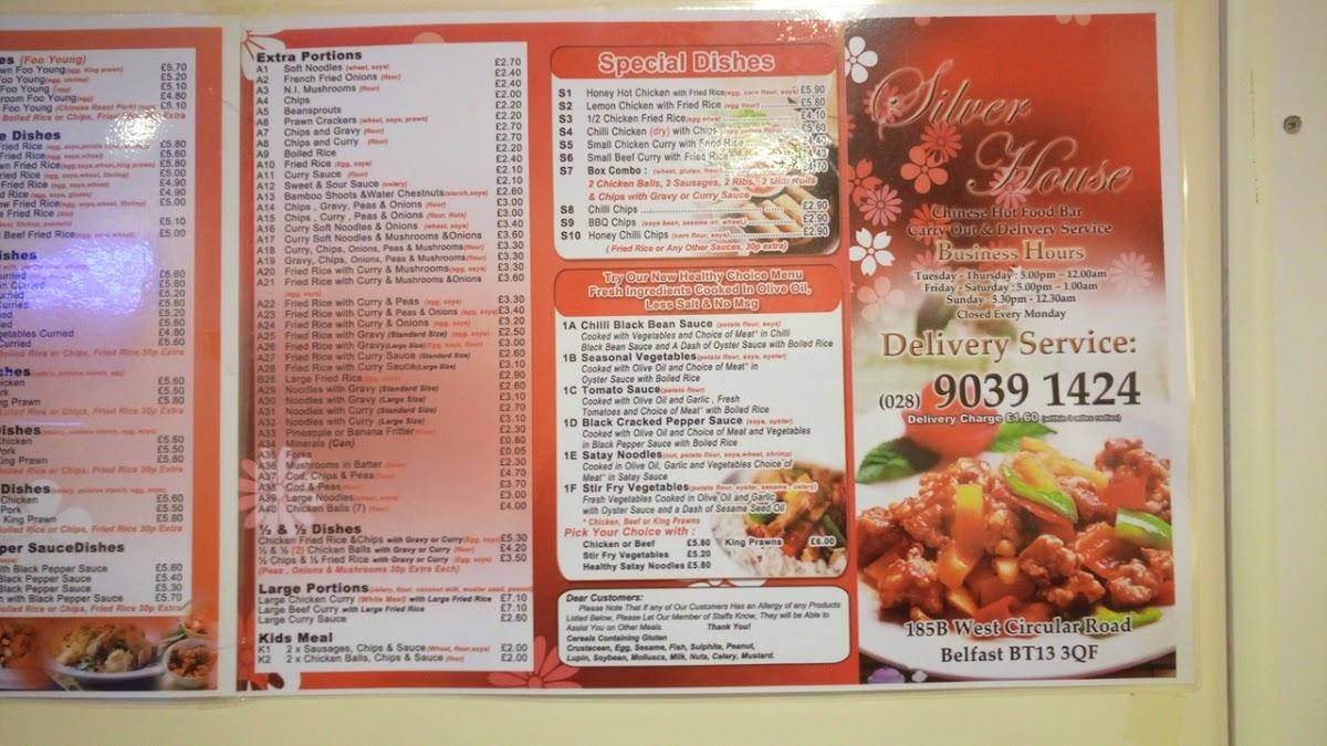 Menu at Silver House fast food, Belfast